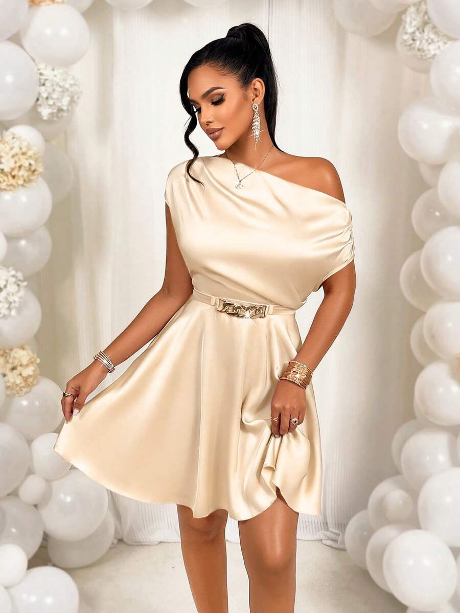 Apricot Satin One Shoulder Mini Dress With Ornamental Buckle Belt ...