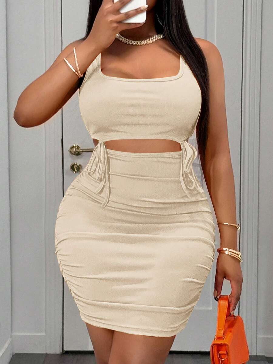 Apricot Sexy Slim-Fit Ruched Drawstring Cut-Out Mini Dress For Women ...