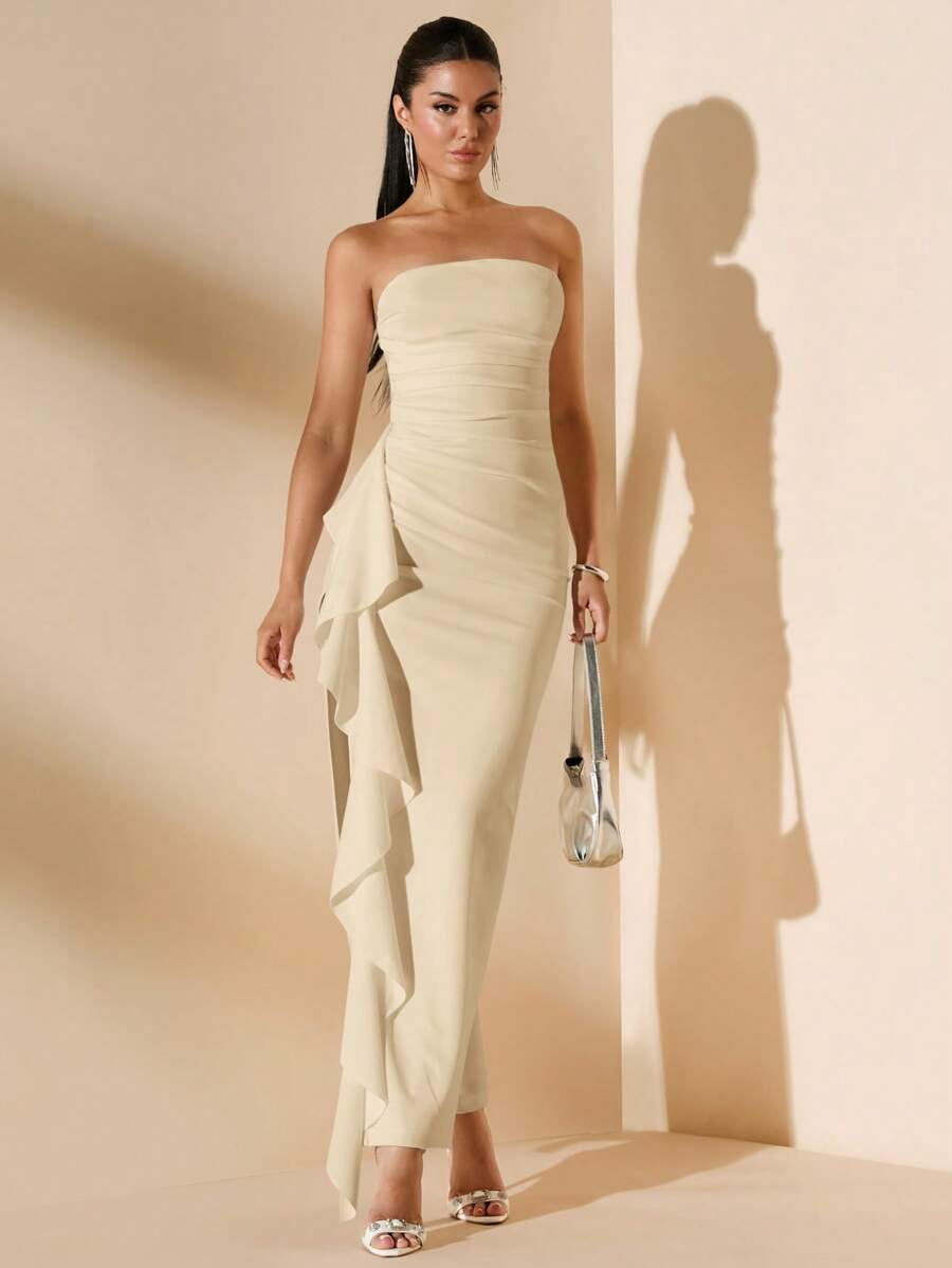 Apricot Sleeveless Strapless Ruched Wrap Maxi Dress With Asymmetrical ...