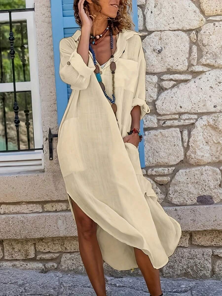 Apricot Solid Color Bohemian Woven Shirt Dress With Pocket, Button ...