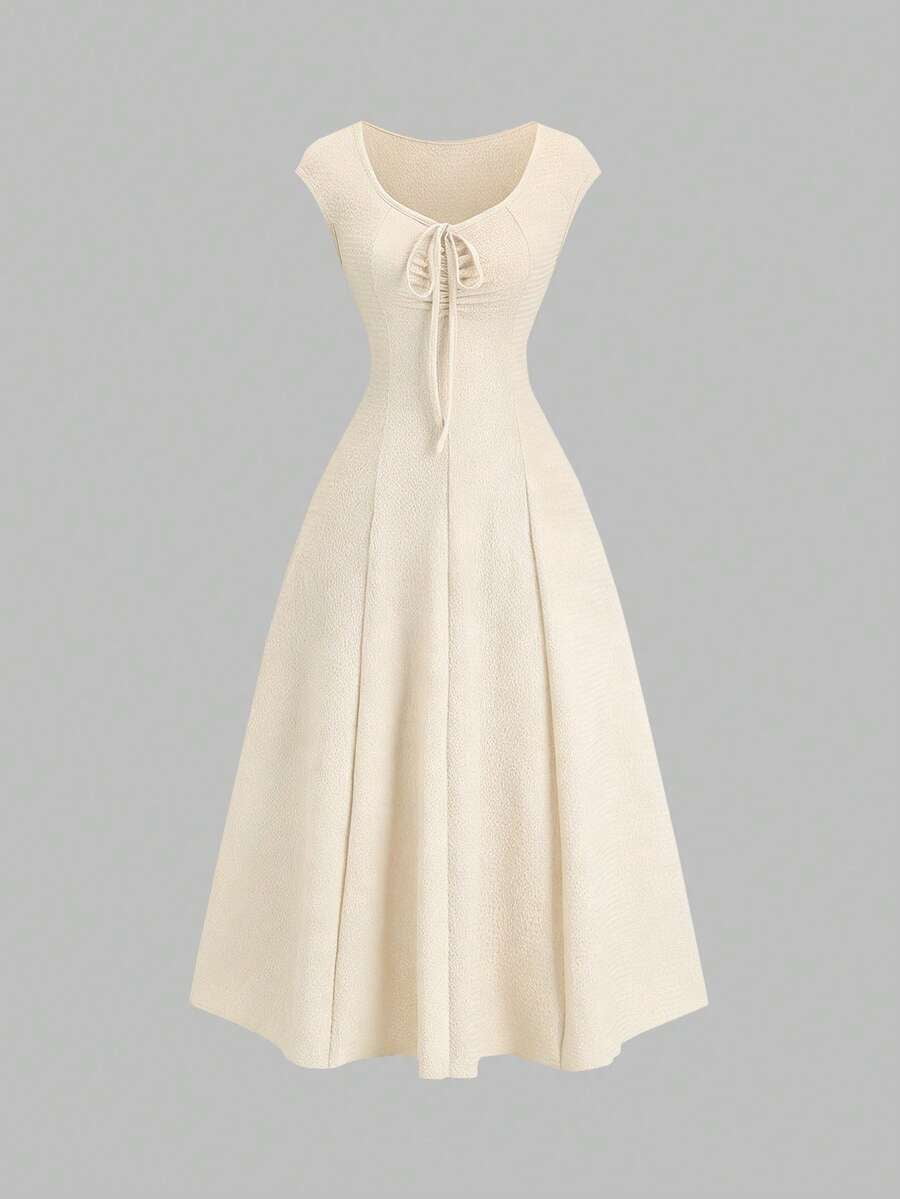 Apricot Solid Color Cinching Waist Fitted Knit A-Line Maxi Dress With ...