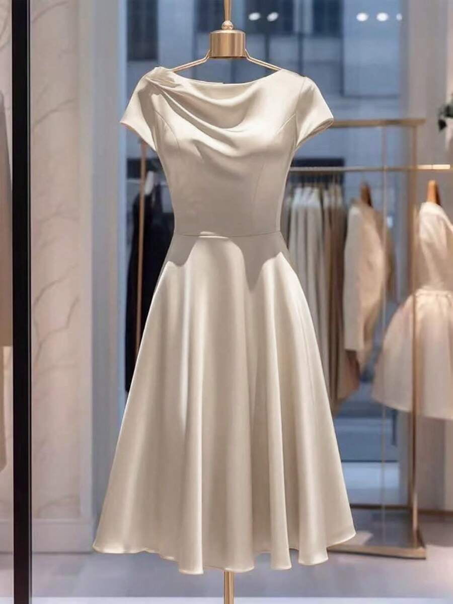 Apricot Solid Color Short Sleeve Cowl Neck Waist Cinched A-Line Midi ...