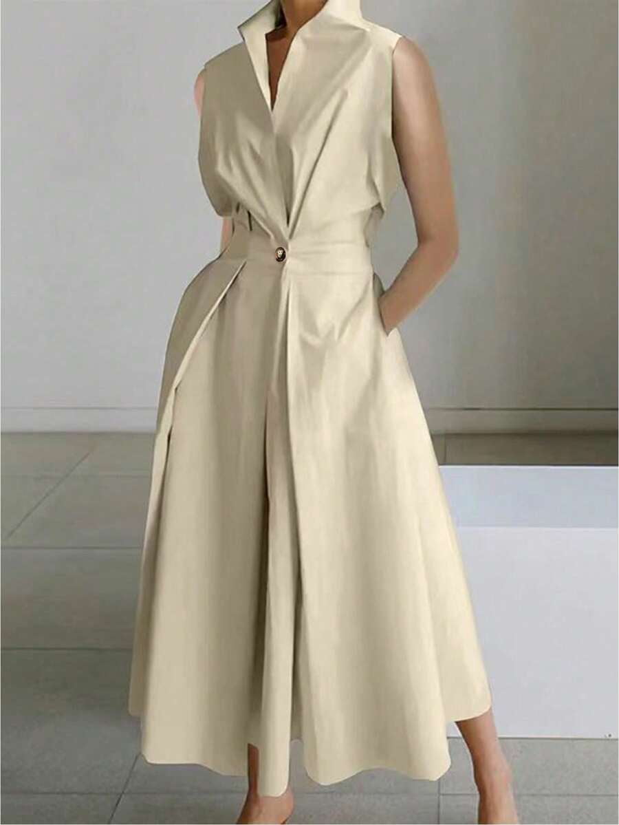 Apricot Solid Minimalist Stand Collar Sleeveless A-Line Midi Dress For ...