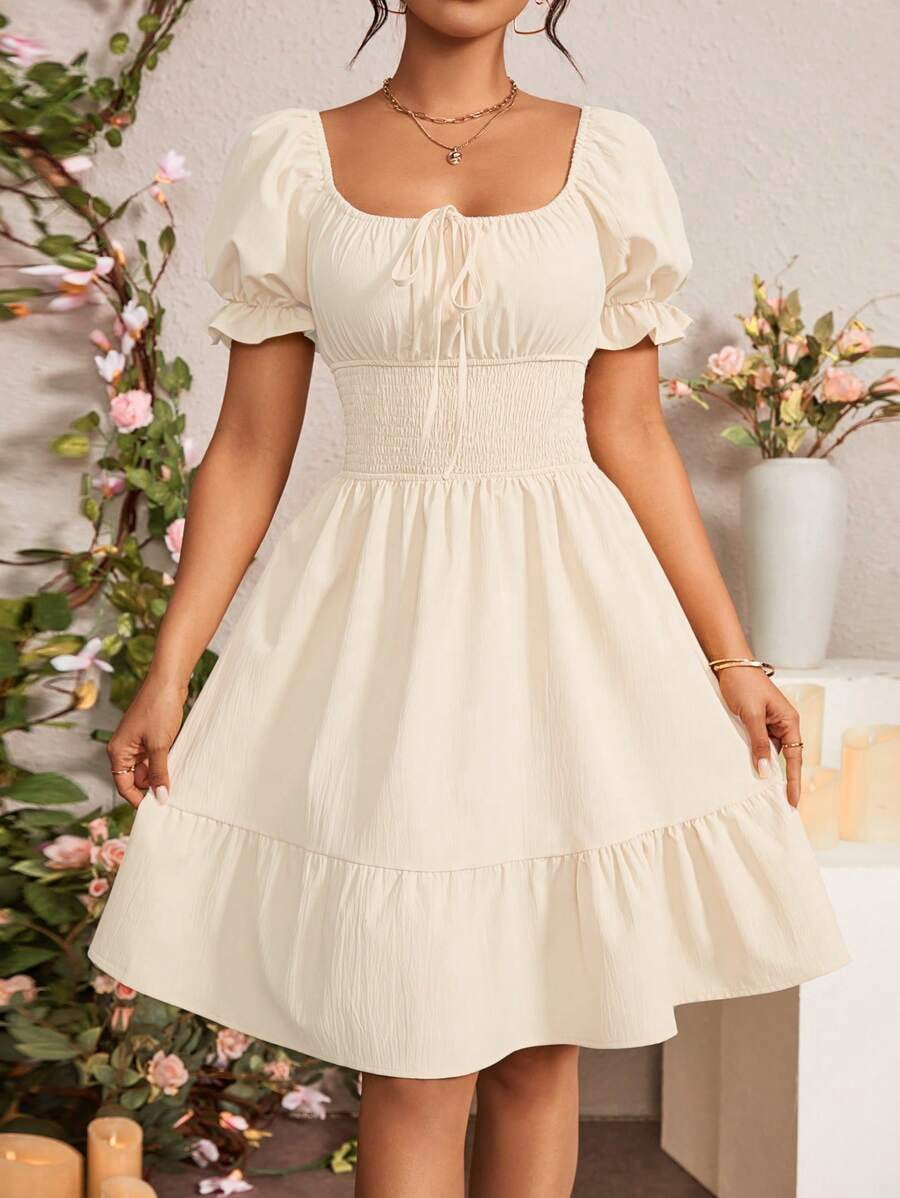 Apricot Square Neck Ruched Waist A-Line Dress With Puffed Sleeves And ...