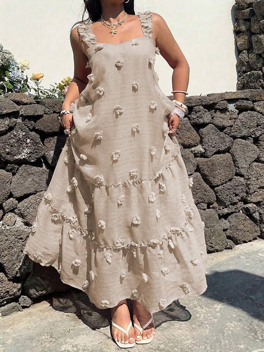 Apricot Square Neck Spaghetti Strap A-Line Tiered Ruffle Dress With ...