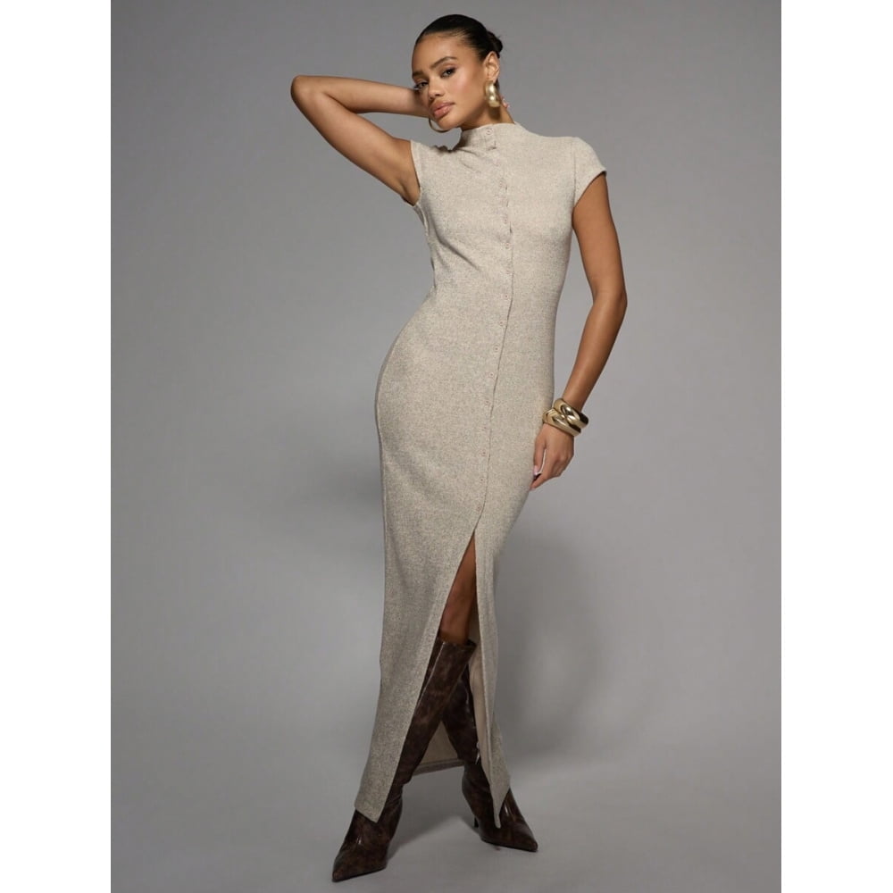 Apricot Stand Collar Button Front Split Midi Dress, Fitted Silhouette ...