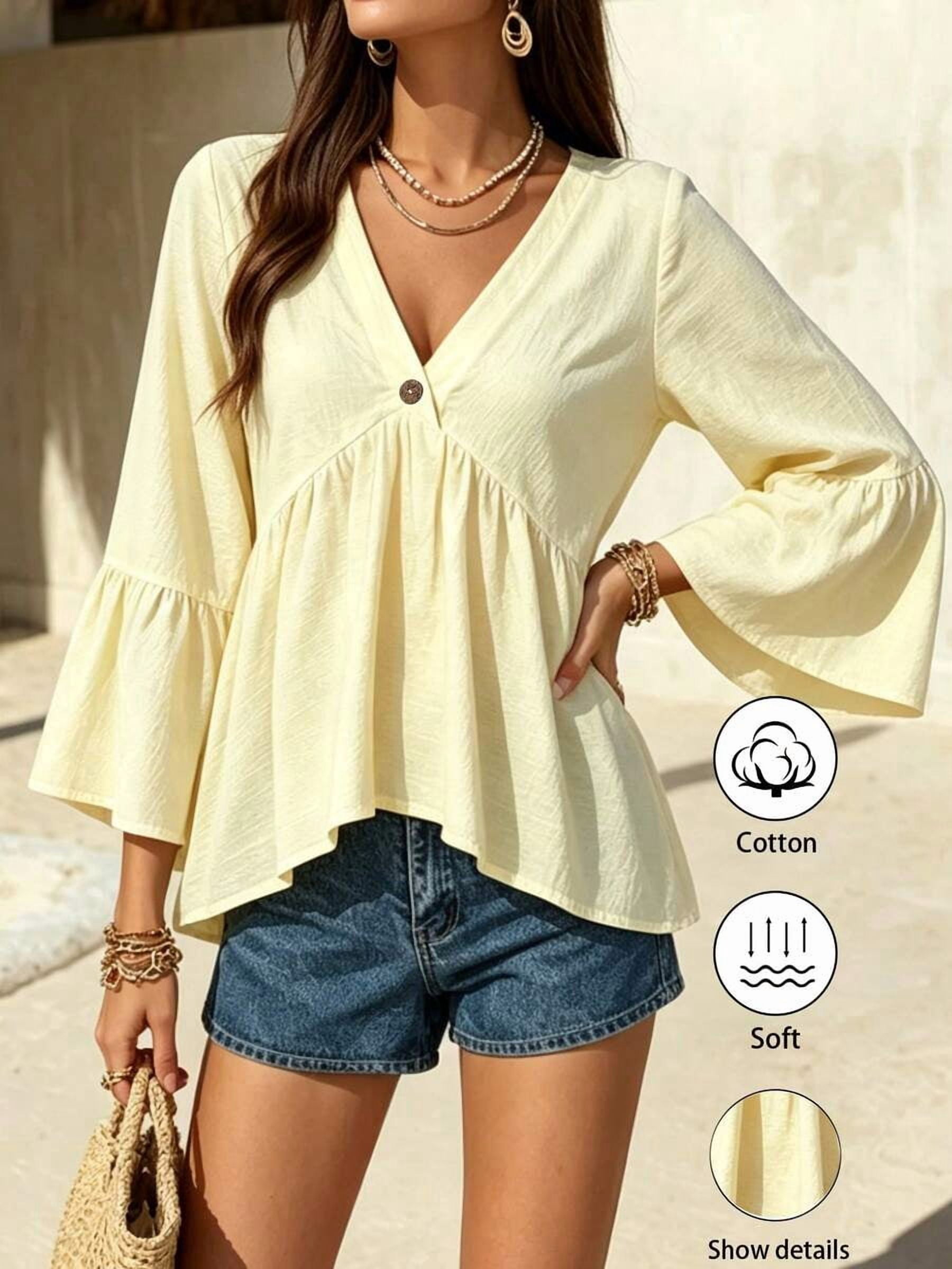 Apricot V-Neck Peplum Blouse With Ruffle Sleeves And Button Detail For ...