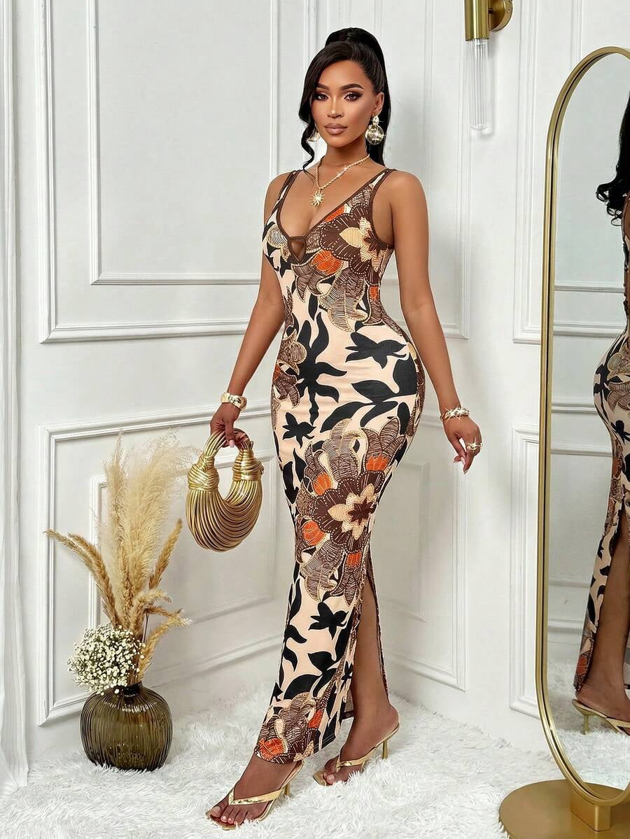 Apricot Vintage Floral Print Deep V-Neck Backless Bodycon Maxi Dress ...