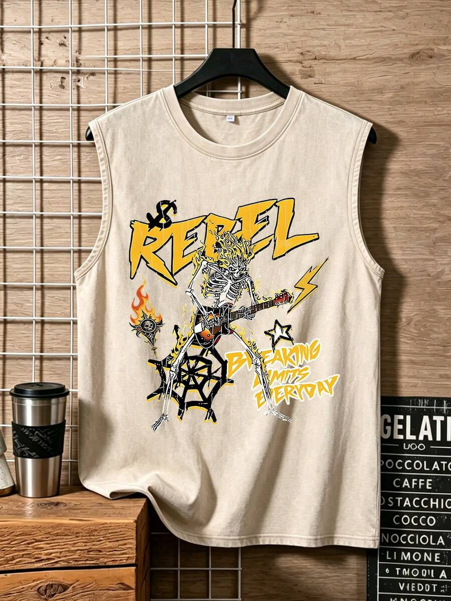 Apricot Vintage Washed Distressed Sleeveless Tank Top With Rebel ...