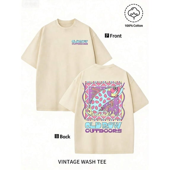 Apricot Washed Cotton Short Sleeve Vintage Graphic Tee With Colorful ...