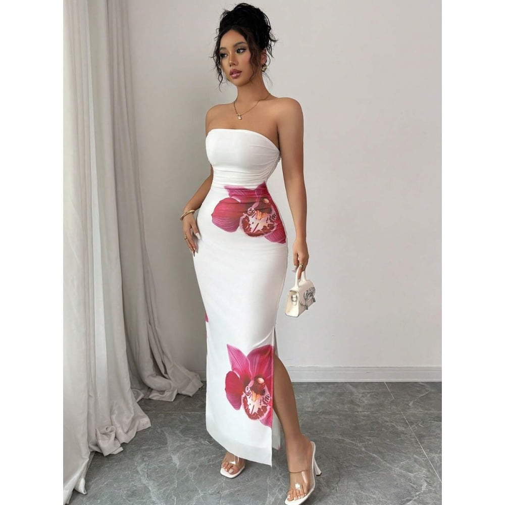 Apricot Women Elegant Floral Print Bustier Ruched Fitted Bodycon Wrap ...