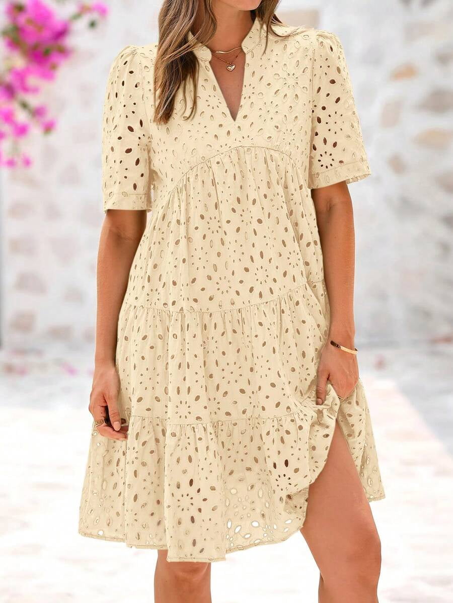 Apricot Women Summer Eyelet Lace V-Neck Short Sleeve Tiered Flowy Mini ...
