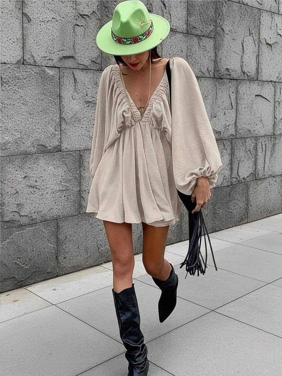 Apricot Womens Deep V-Neck Loose Fit Lantern Sleeve Backless Mini Dress ...