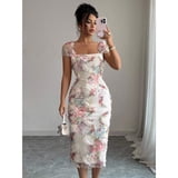 Apricot Womens Elegant Floral Mesh Ruffle Waist Midi Dress For Wedding ...