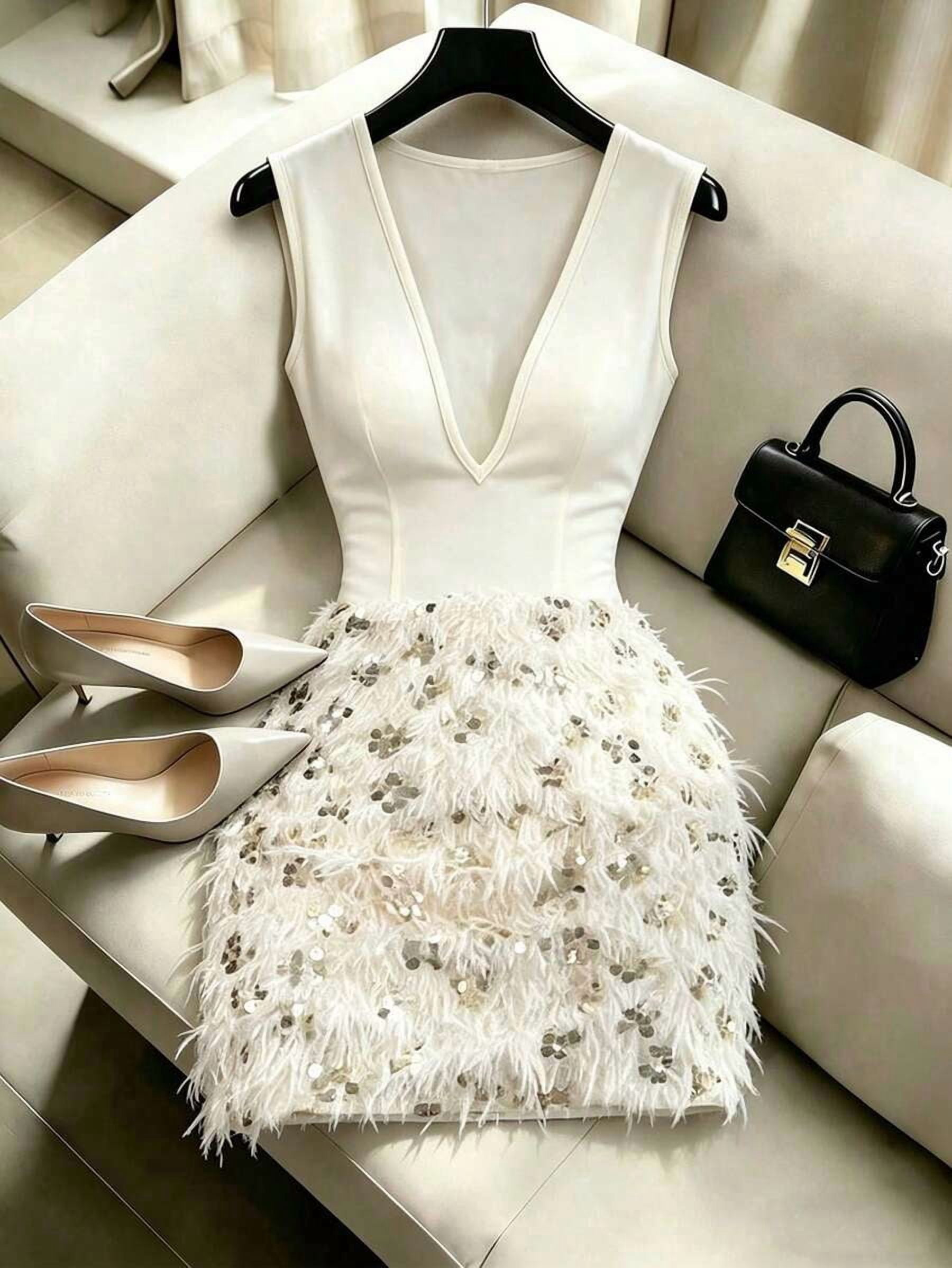 Apricot Womens Elegant V-Neck Sleeveless Sequined Feather Mini Dress ...