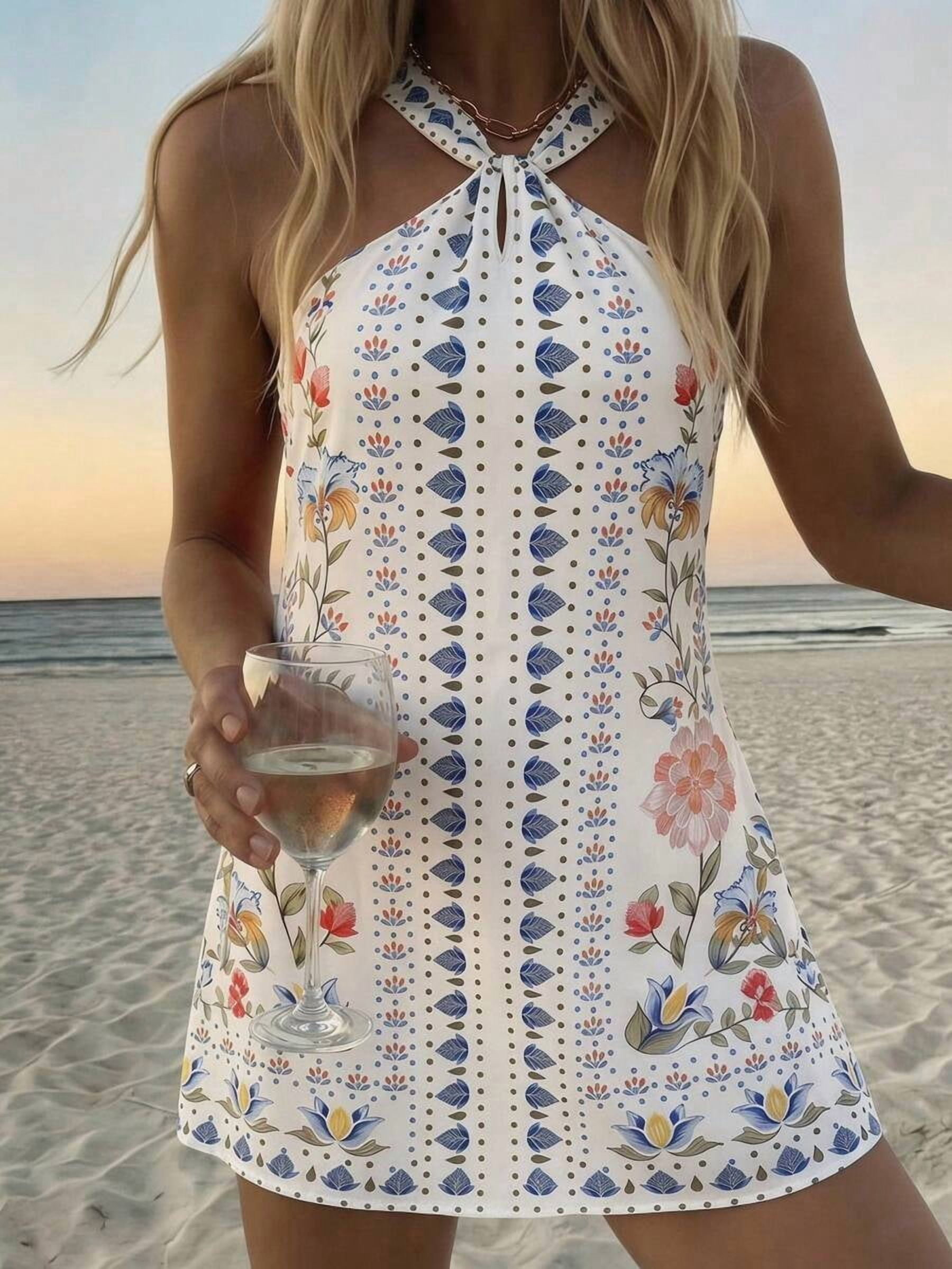 Apricot Womens Floral Print Halter Neck Keyhole A-Line Mini Sundress ...