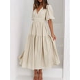 Apricot Womens Long Casual A-Line Dress With Puff Sleeves, Pleated ...