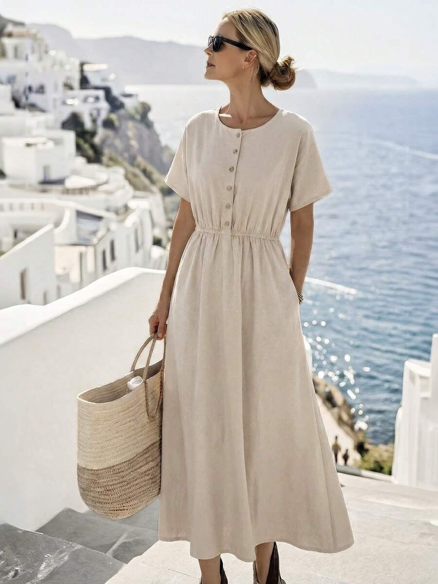 Apricot Womens Loose Fit Short Sleeve A-Line Midi Dress, Casual ...