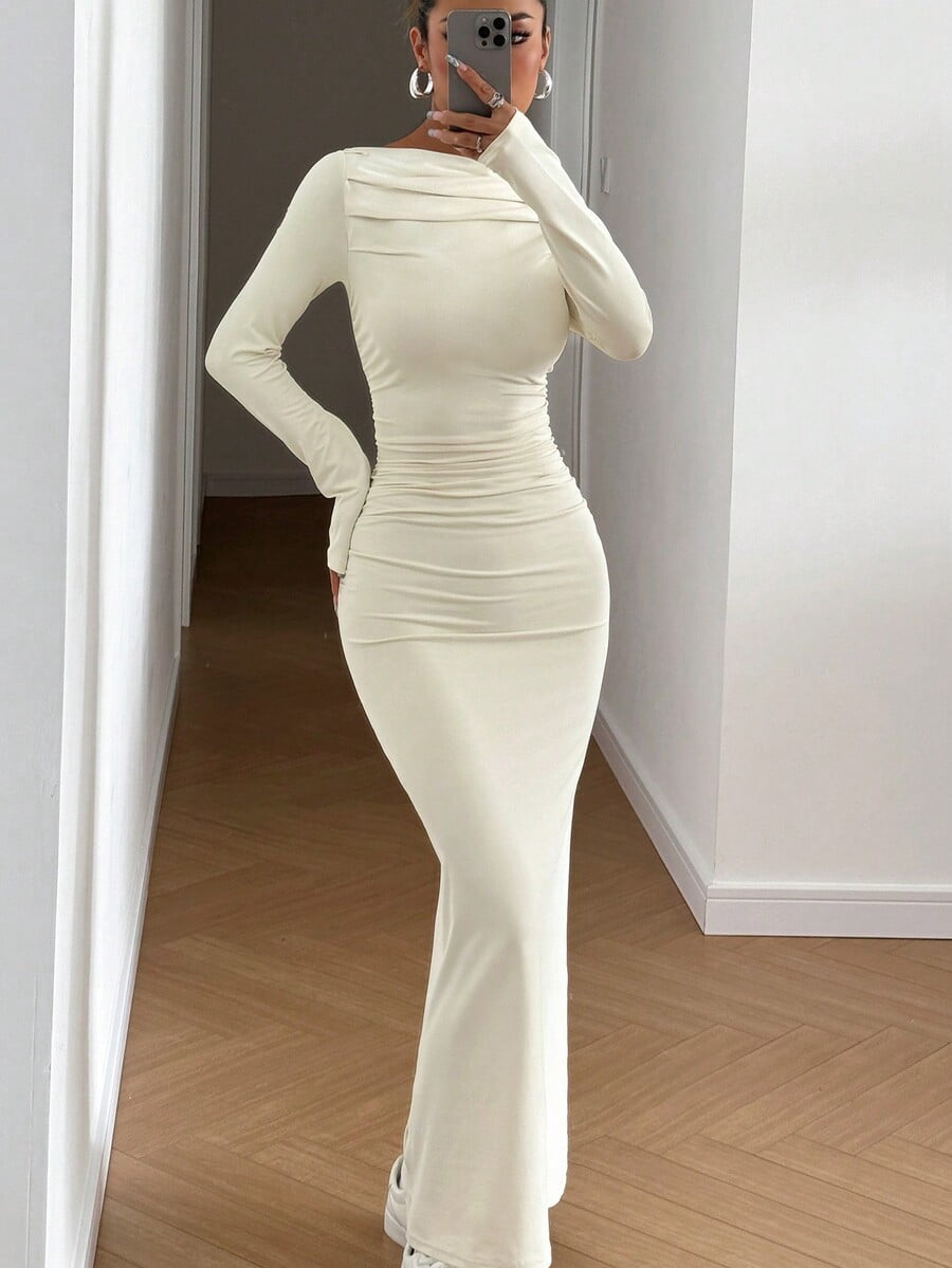 Apricot Womens Ruched Long Sleeve Fitted Maxi Dress, Elegant Solid ...