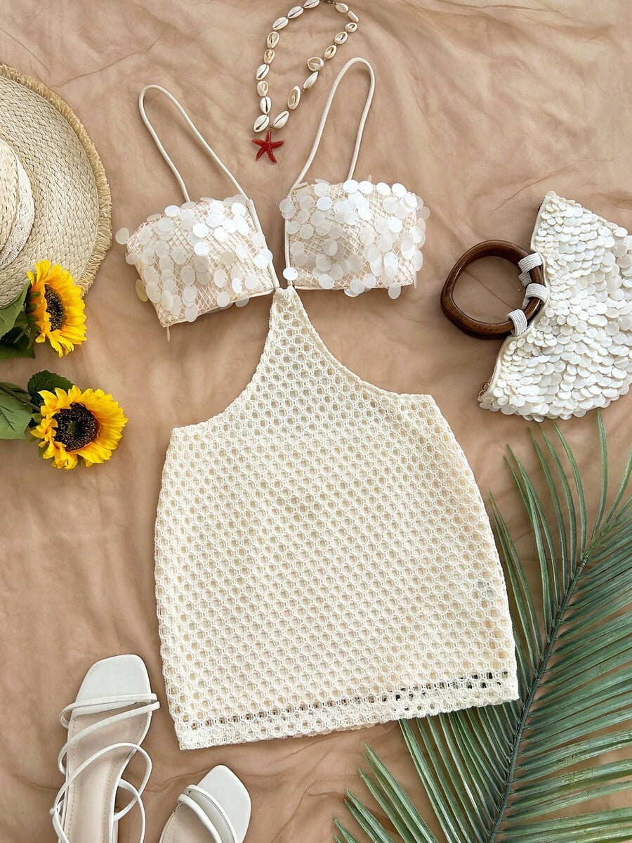 Apricot Womens Sequin Halter Backless Mini Dress With Honeycomb Mesh ...