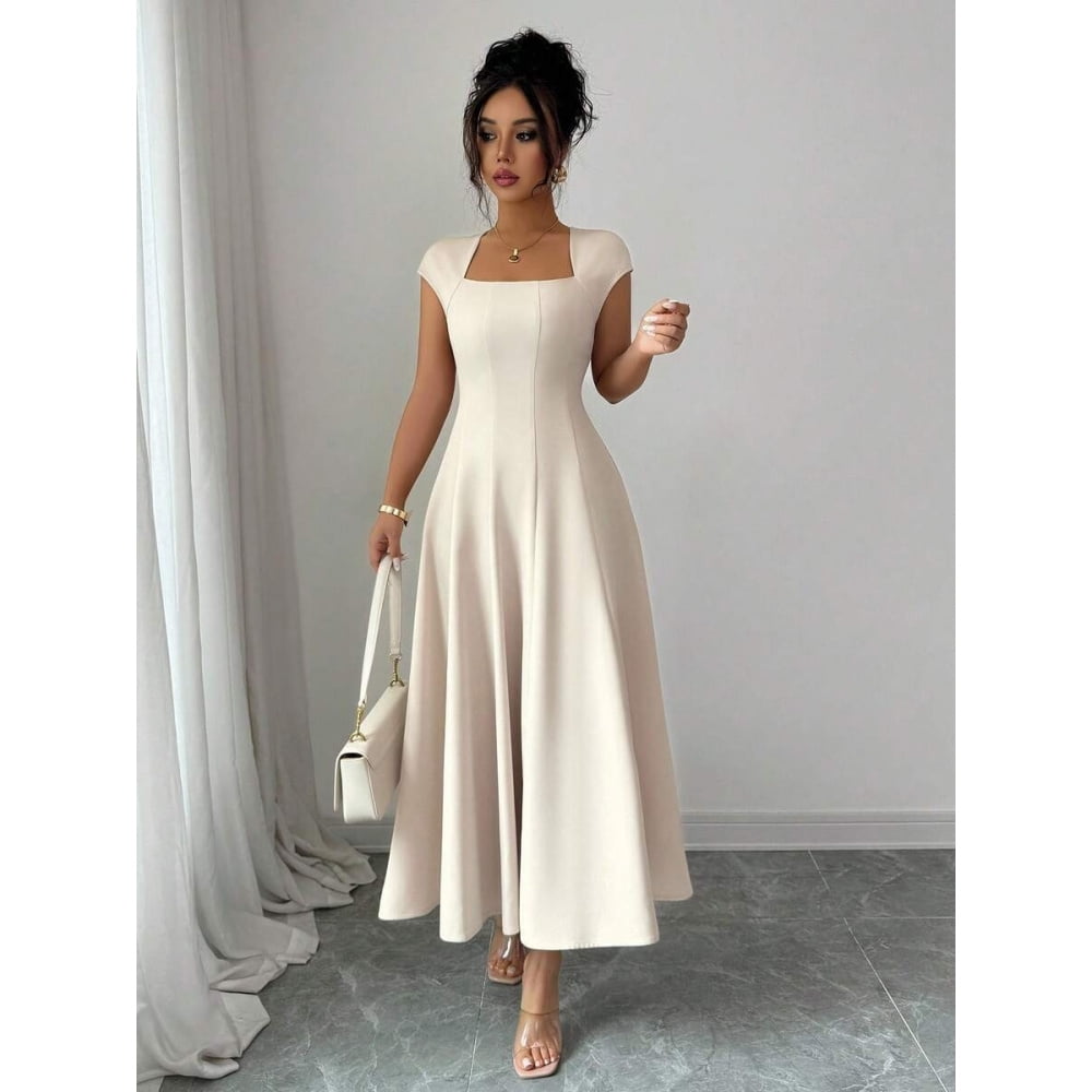 Apricot Womens Square Neck Cinched Waist A-Line Midi Dress For Spring ...