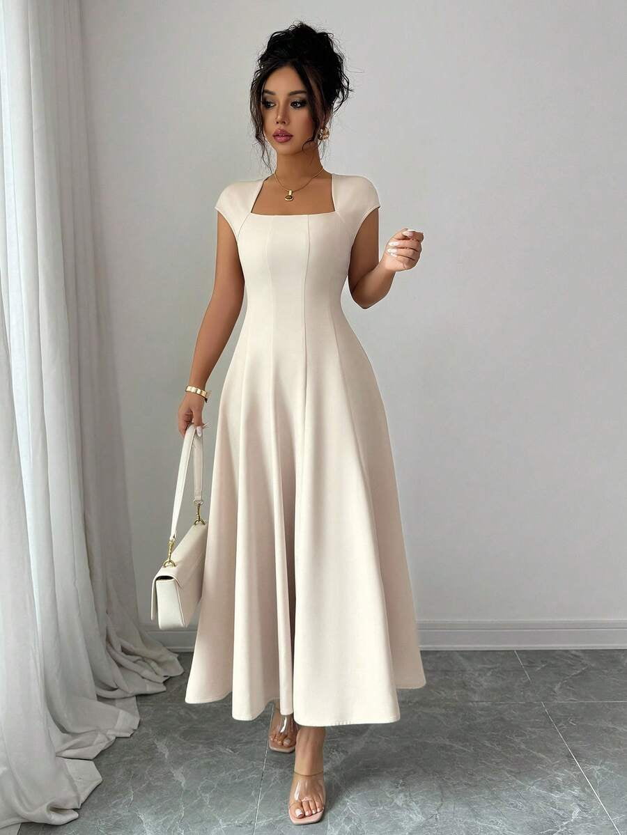 Apricot Womens Square Neck Cinched Waist A-Line Midi Dress For Spring ...