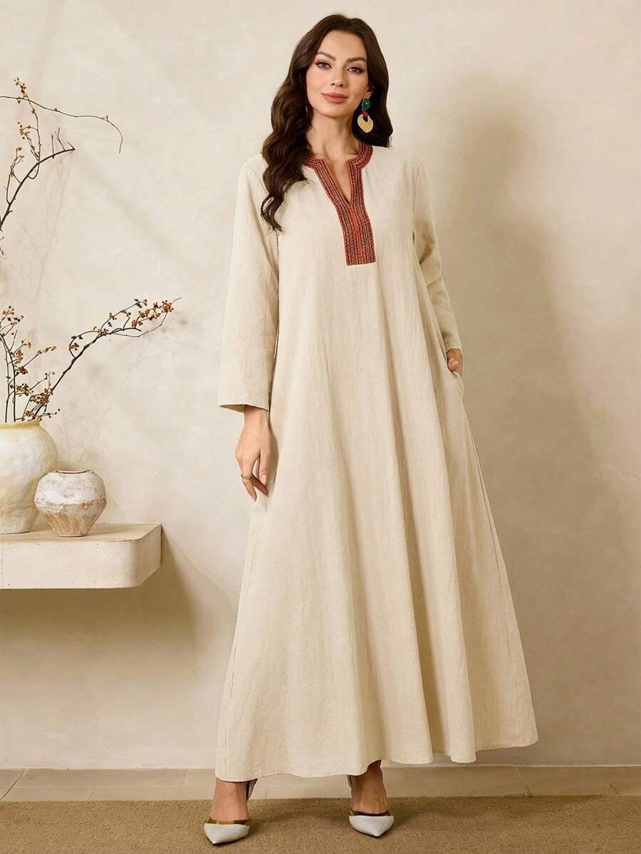 Apricot Womens V-Neck Loose Fit Linen Kaftan Dress Long Sleeve Maxi ...