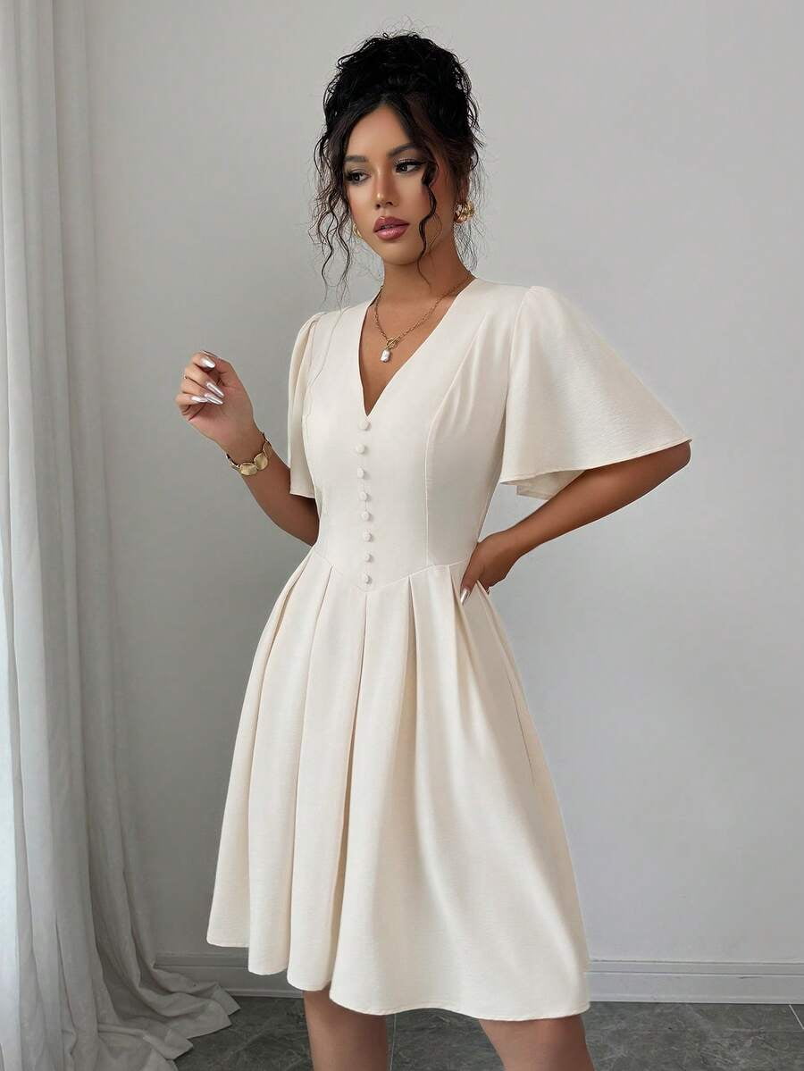 Apricot Womens V-Neck Puff Sleeve Fit & Flare Short Dress, Elegant ...