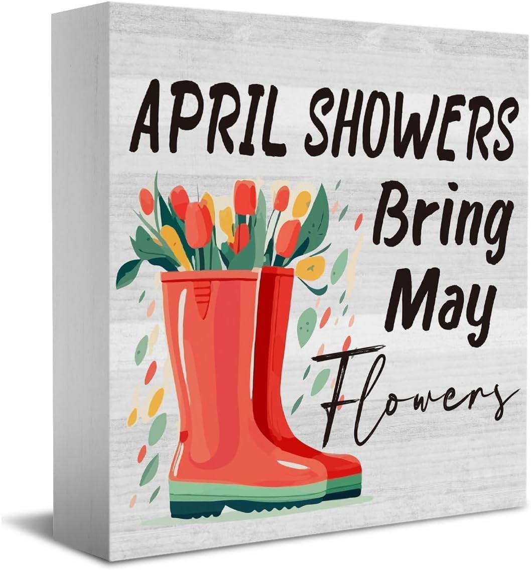 April Showers Bring May Flower Sign, Spring Tulip Home Office Desk ...