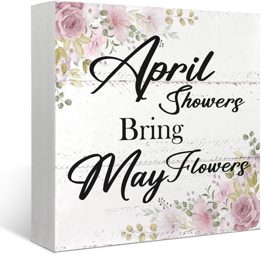 April Showers Bring May Flowers Wood Box Sign Desk Decor Rustic Spring ...