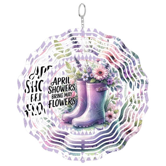 April Showers May Flowers Rain Boots 3D Wind Spinner Hanging, Round UV ...