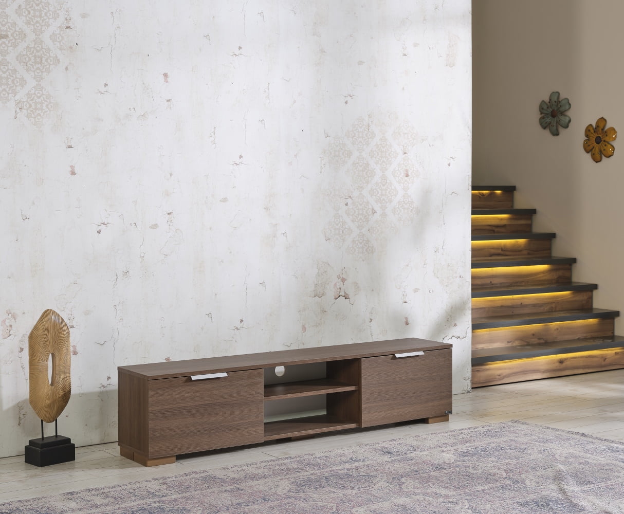 Aprillo Mid Century Tv Stand, Wood Base With Shelf Tv Unit, Walnut ...
