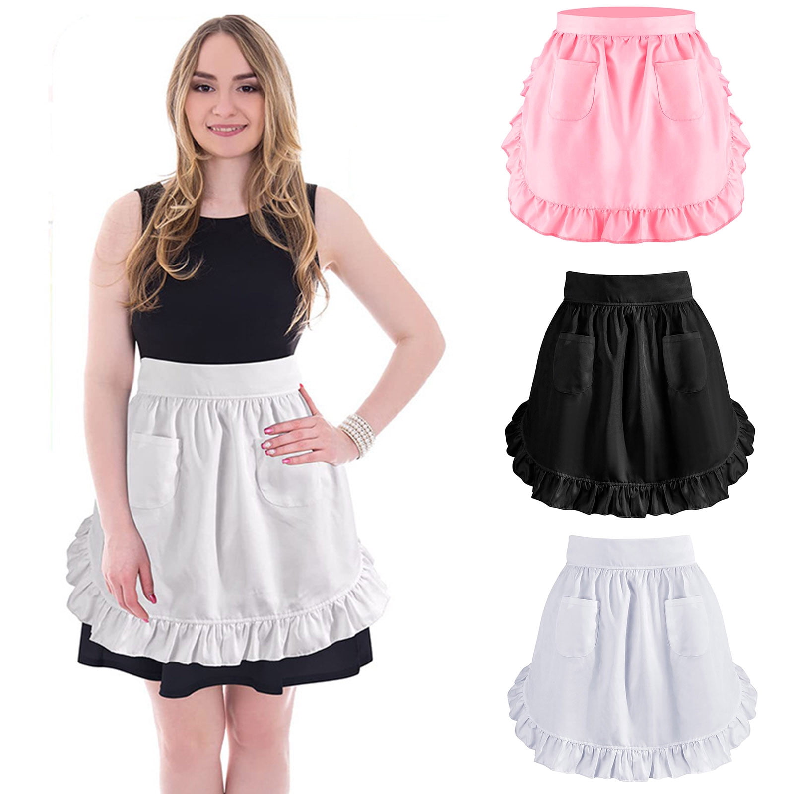 Apron Black Ruffled Maid Apron with Pockets Cute Princess Style Half ...