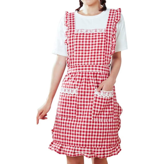 Apron Kitchen Baking Aprons Vintage Ladies Aprons Red Grid Frilly ...