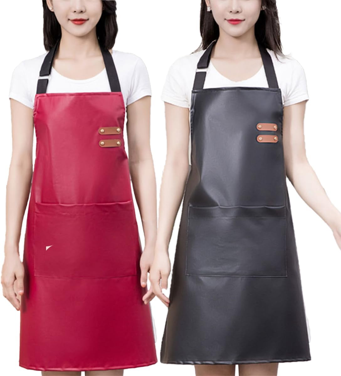 Apron Large Pocket PU Material Oil-proof Dust-proof Apron Black and Red ...