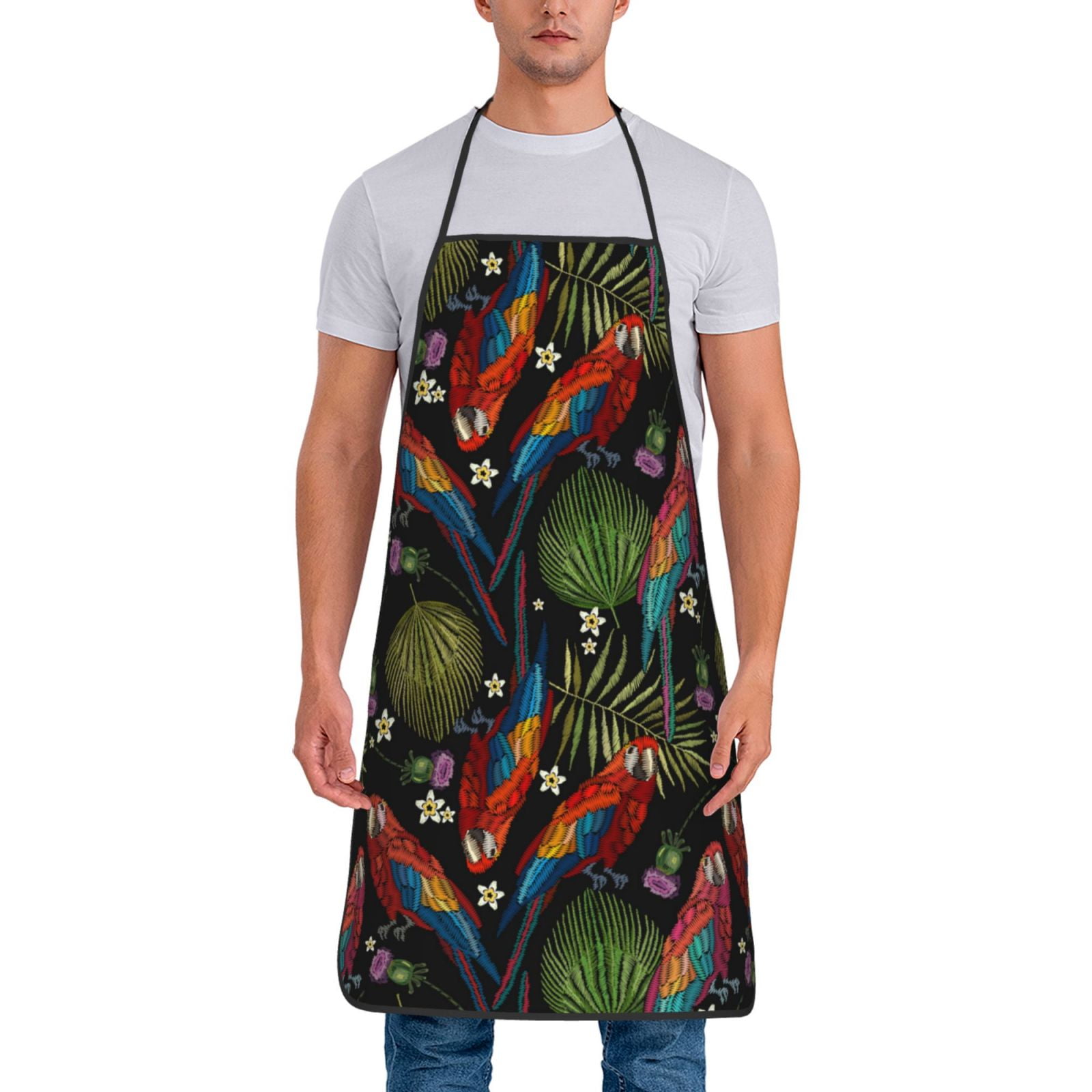 Apron for Men Women, Artistic Cute Parrot Plant Flower Waterproof Chef ...