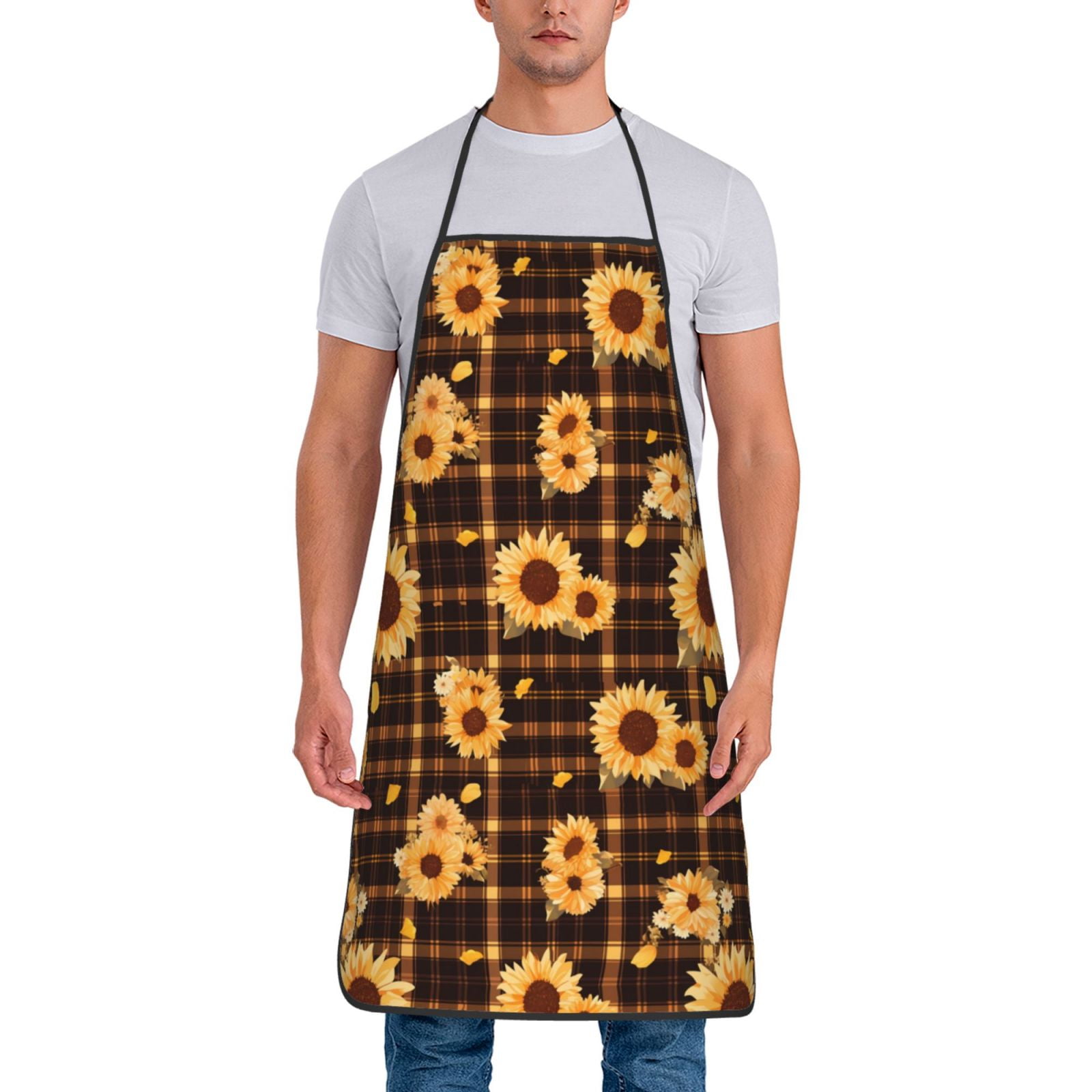 Apron for Men Women, Brown Plaid Sunflower Waterproof Chef Kitchen ...