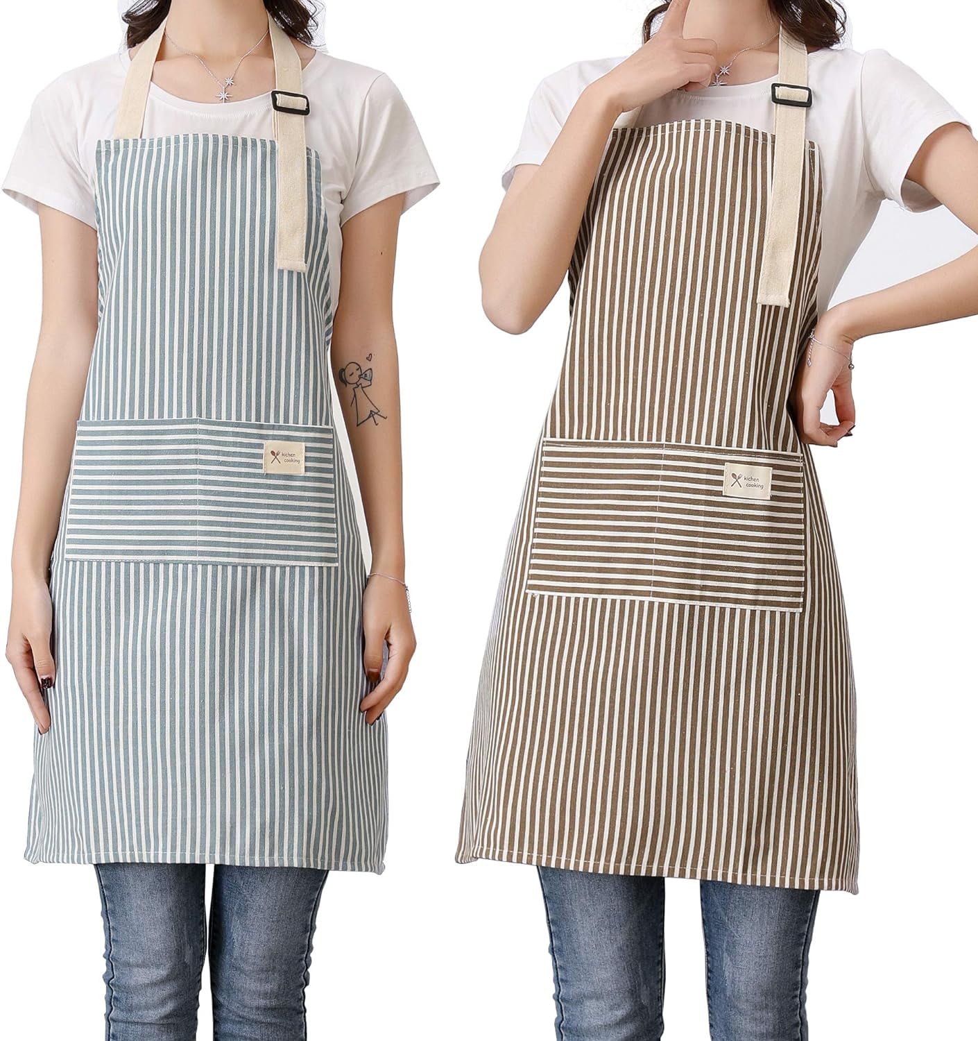 Aprons 2 Pack Adjustable Bib Aprons with 2 Pockets Cotton Linen Cooking ...