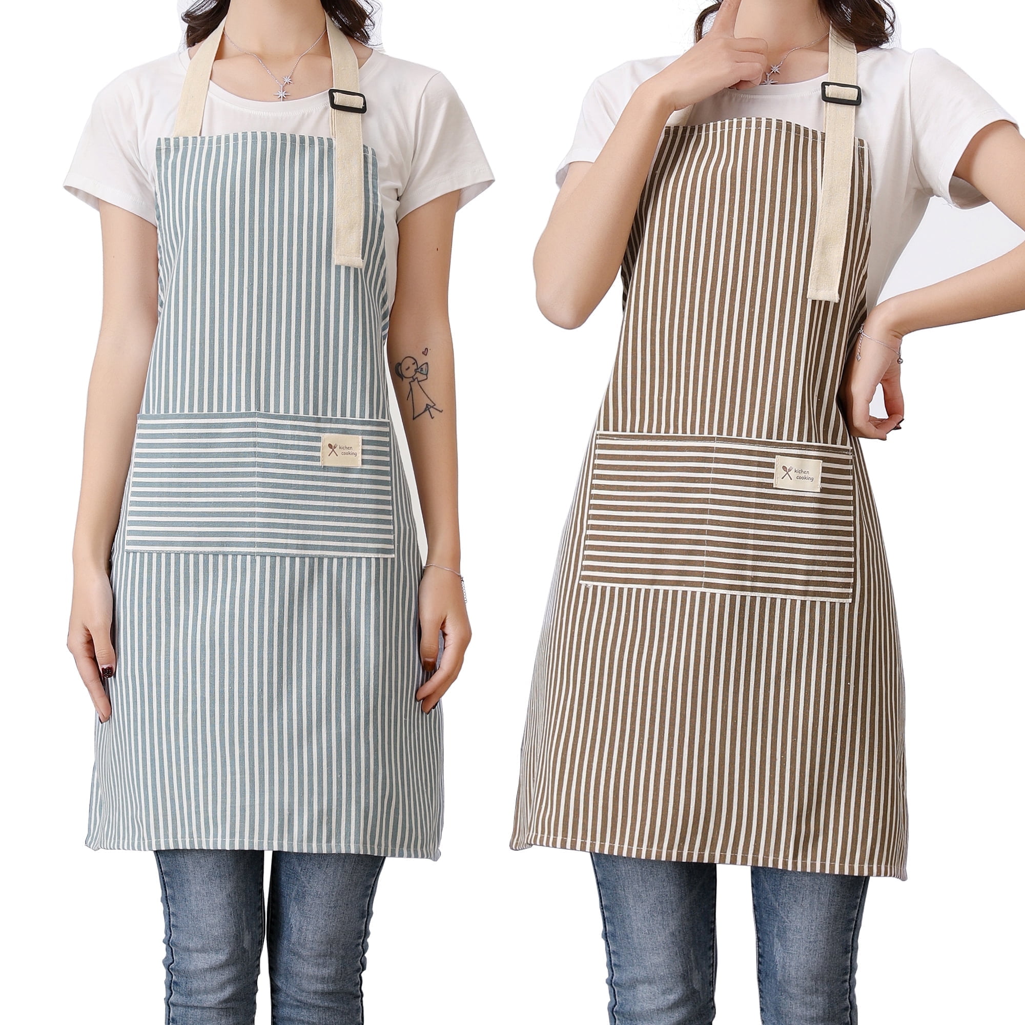 Aprons 2 Pack Adjustable Bib Aprons with 2 Pockets Cotton Linen Cooking Kitchen Chef Apron for ...