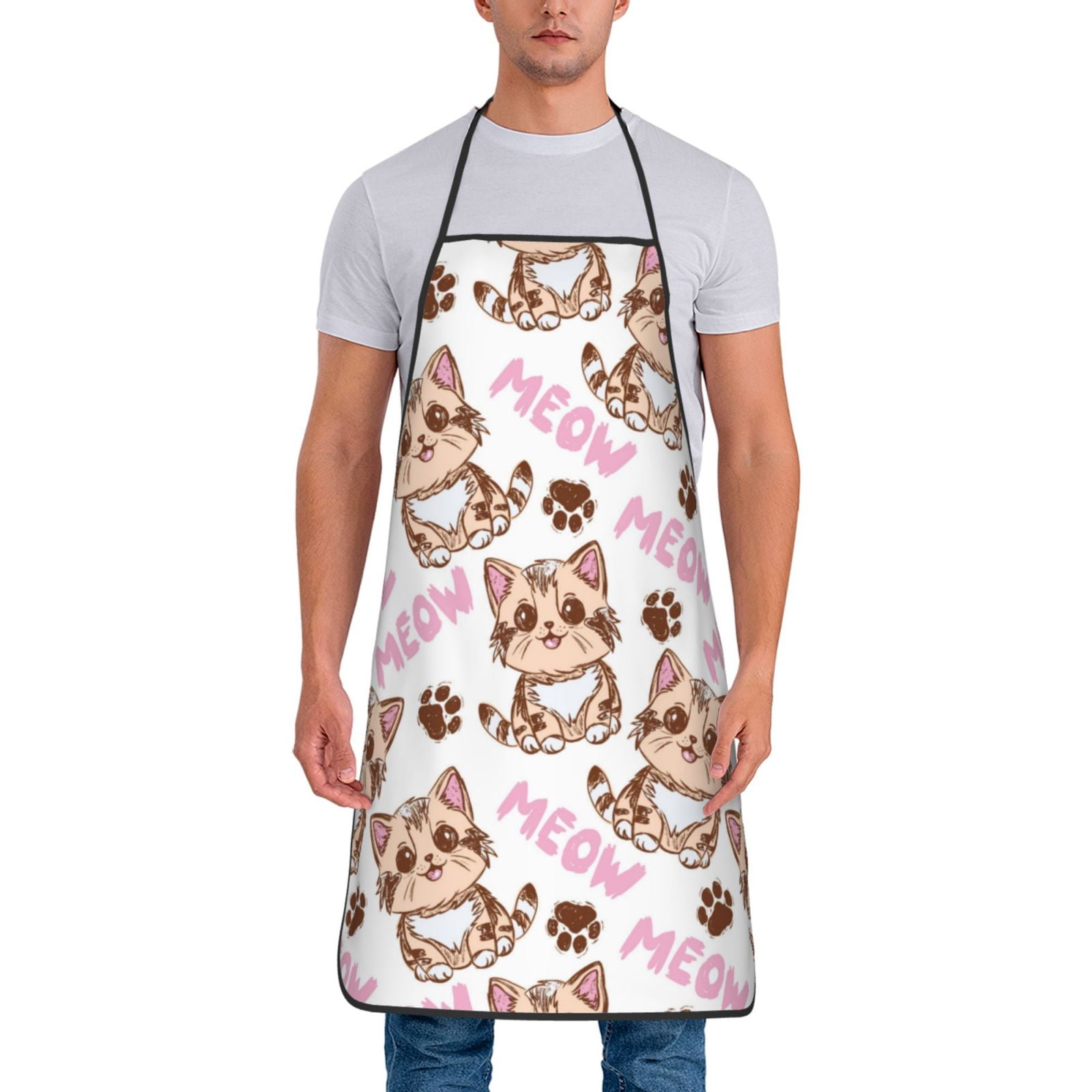 Aprons for Men Women - Pink Sketch Cute Cartoon Cat Cooking Kitchen ...