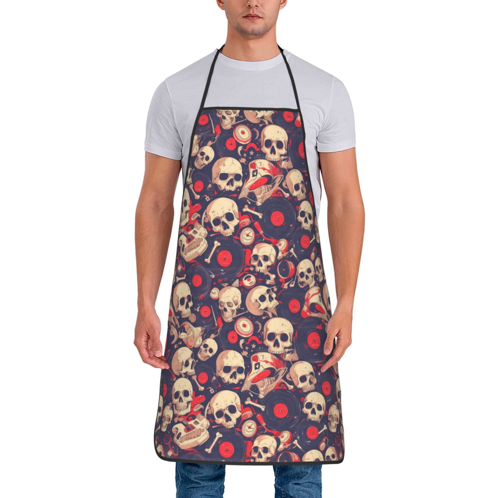 Aprons for Men Women - Skull rock music record Cooking Kitchen Apron ...