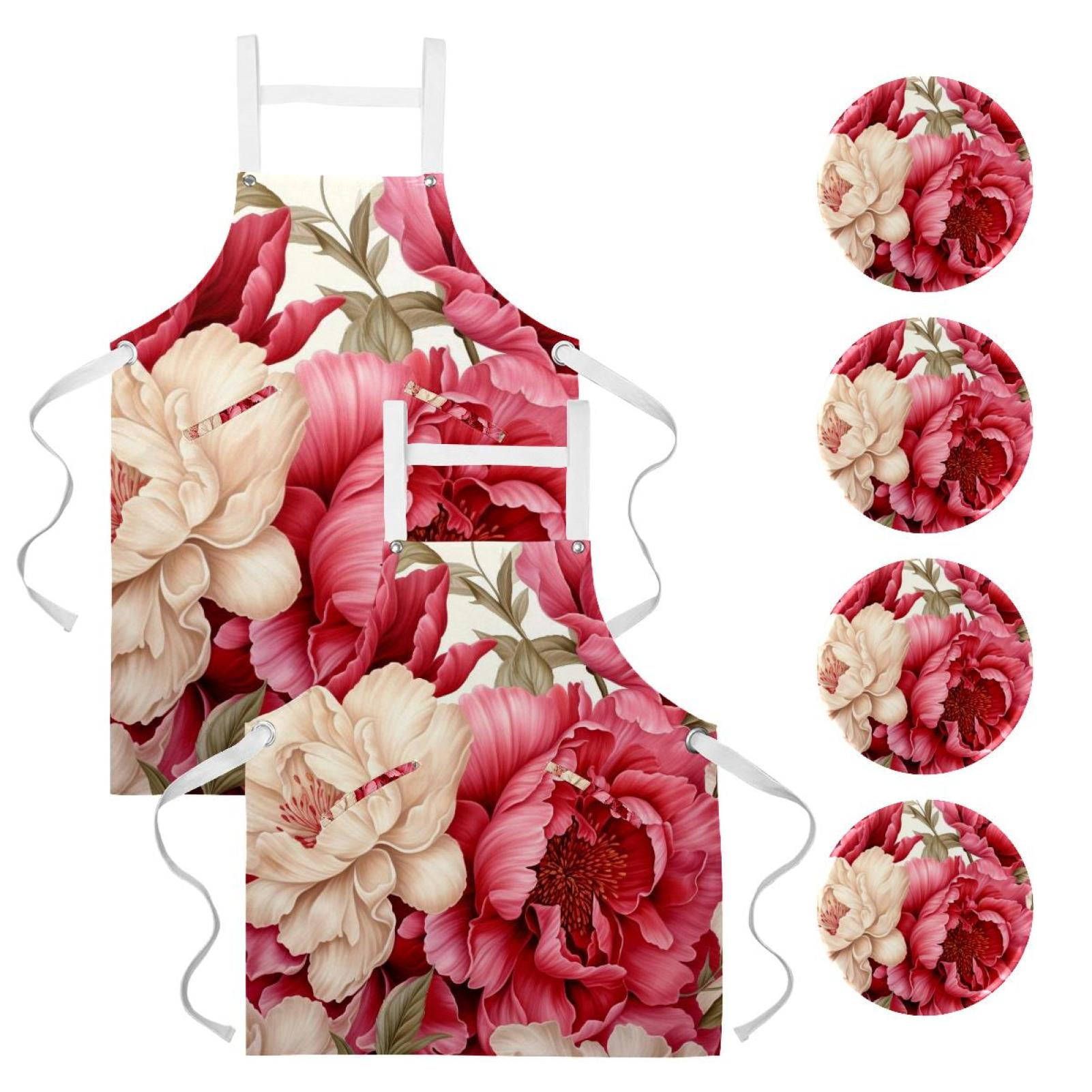 Aprons for Women Men Chef With Pockets - 2 Pack Aesthetic Peony Flower ...
