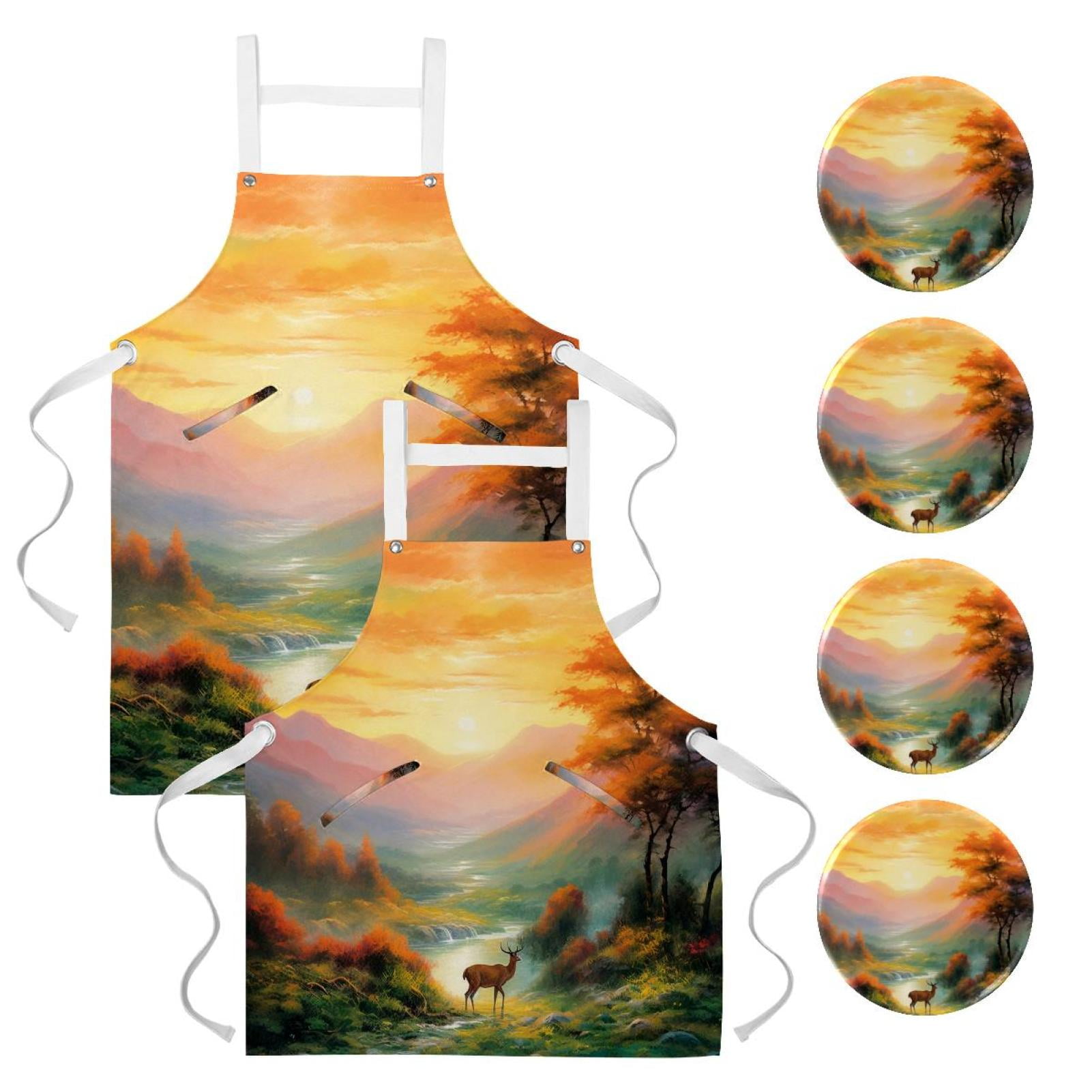 Aprons for Women Men Chef With Pockets - 2 Pack Art Mountain Deer ...