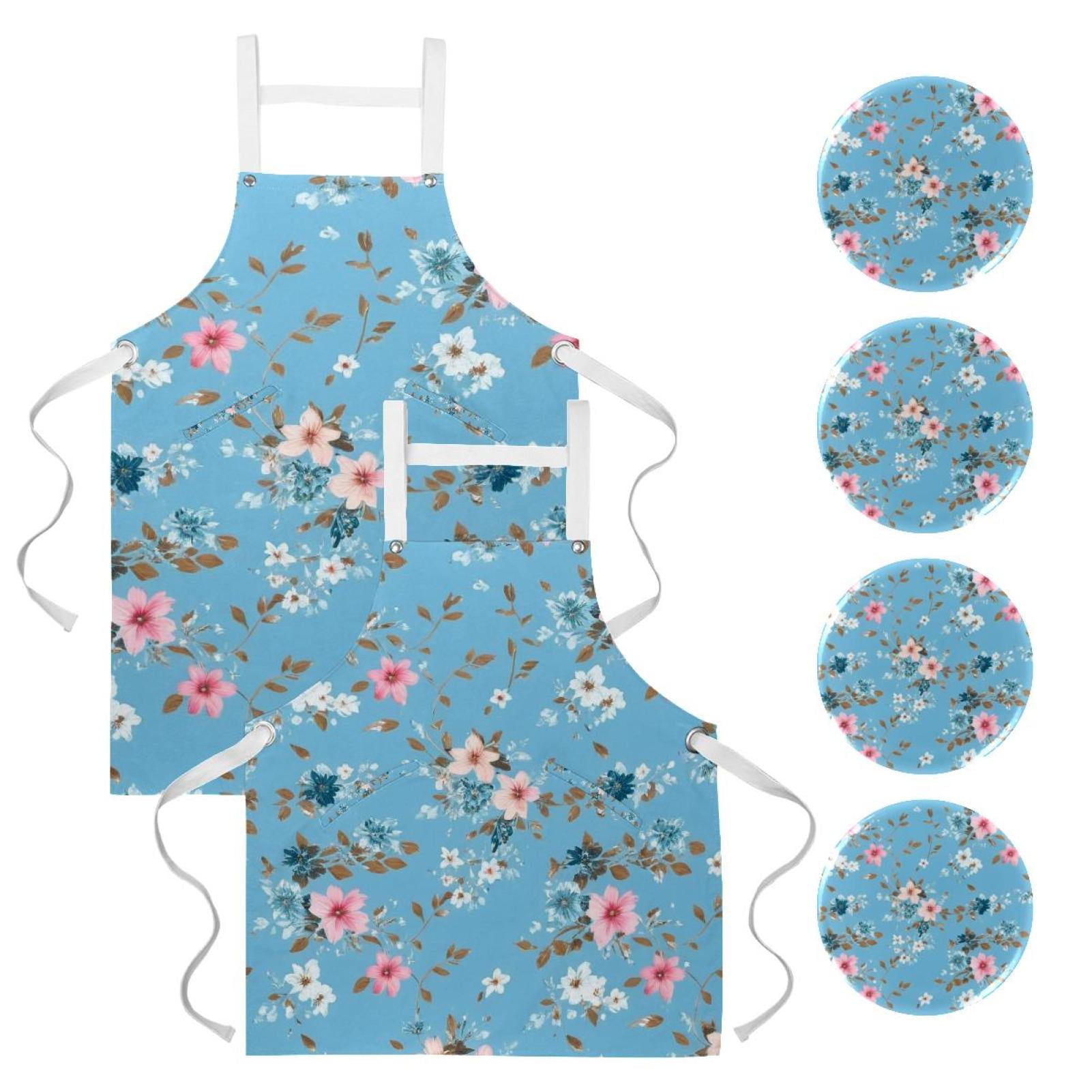 Aprons for Women Men Chef With Pockets - 2 Pack Blue Aesthetic Flower ...