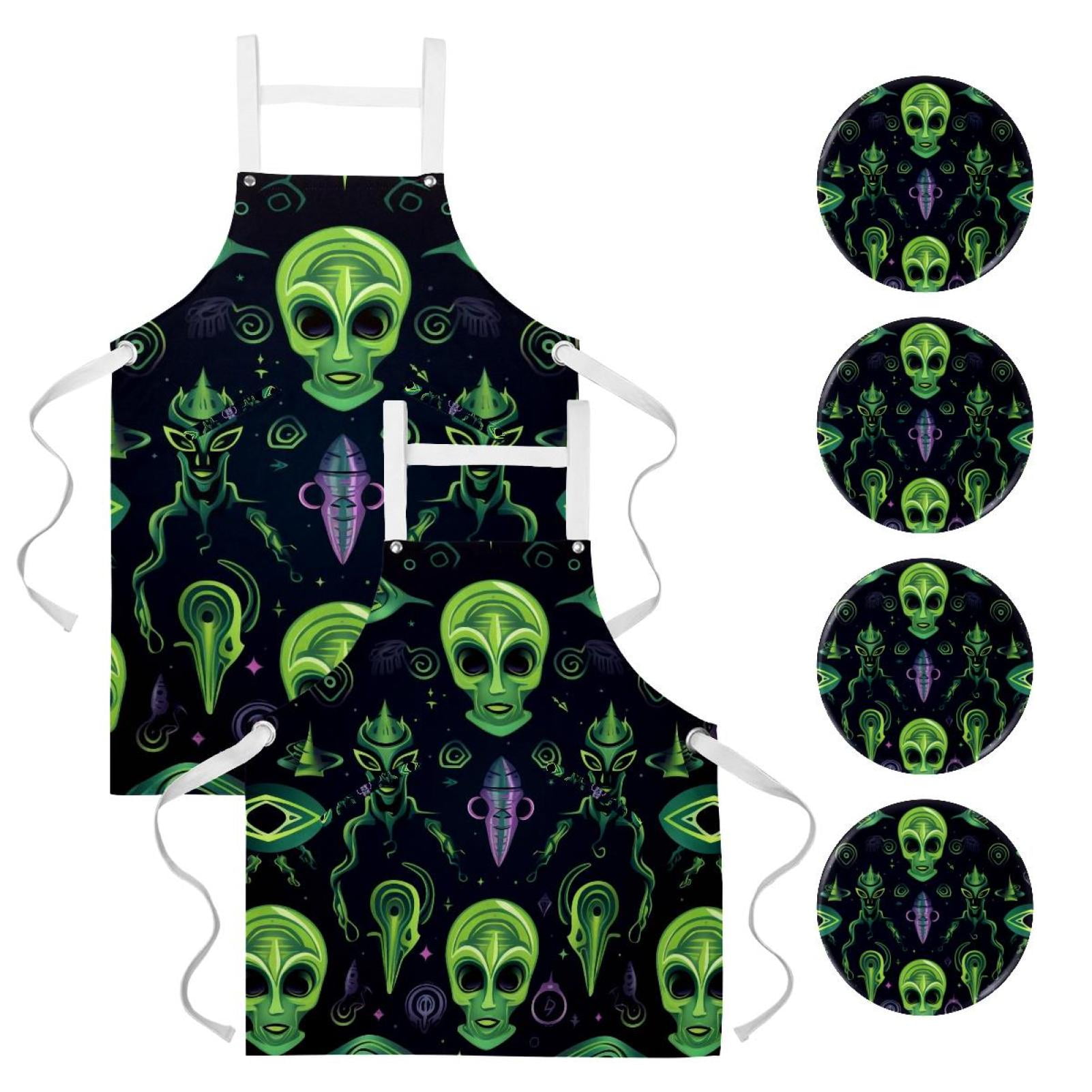Aprons for Women Men Chef With Pockets - 2 Pack Cartoon Green Alien ...
