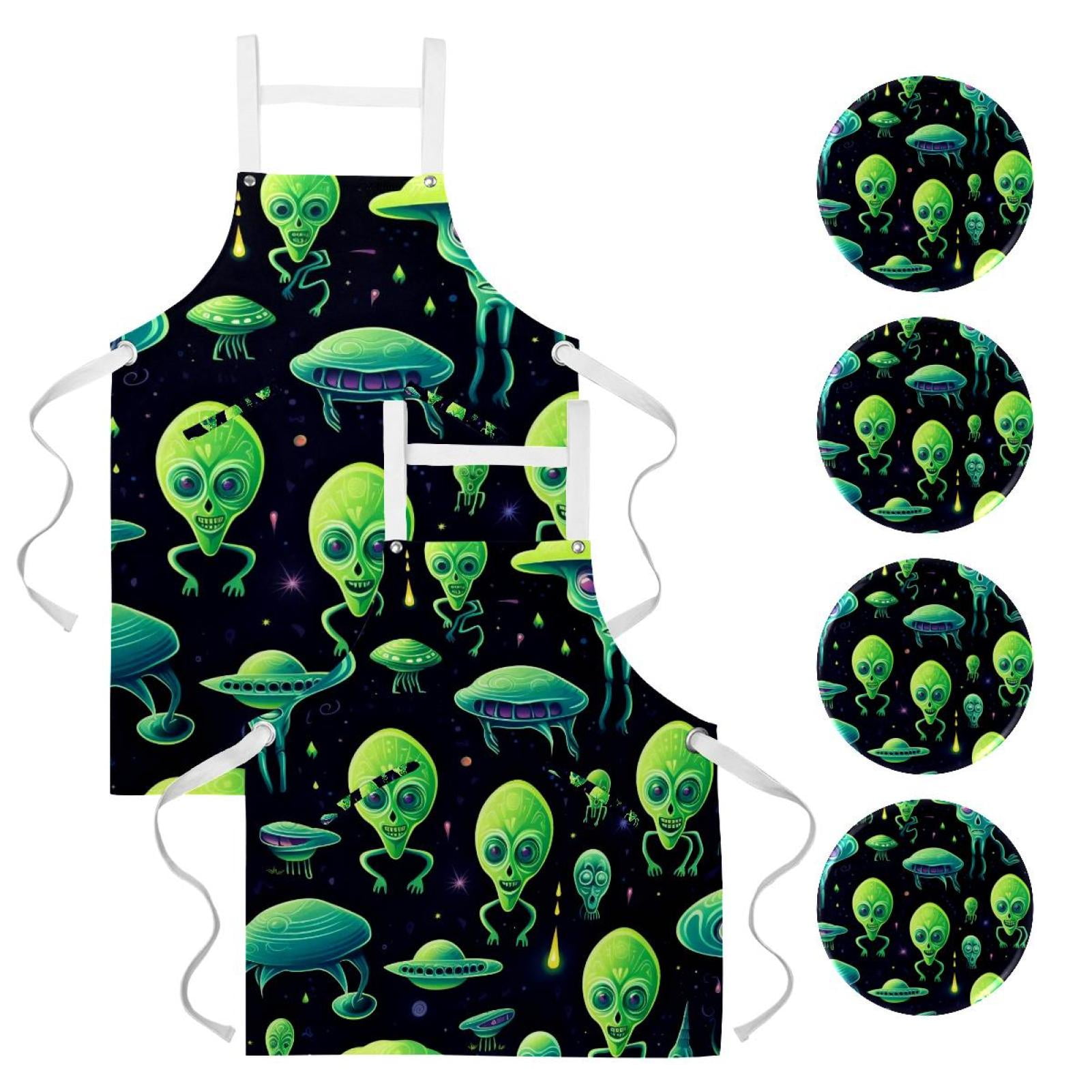 Aprons for Women Men Chef With Pockets - 2 Pack Cartoon Green Alien ...