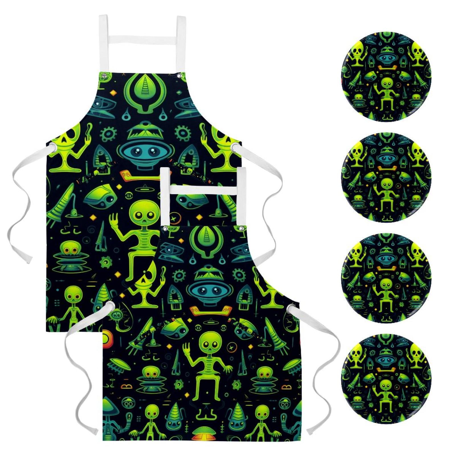 Aprons for Women Men Chef With Pockets - 2 Pack Cartoon Green Alien ...