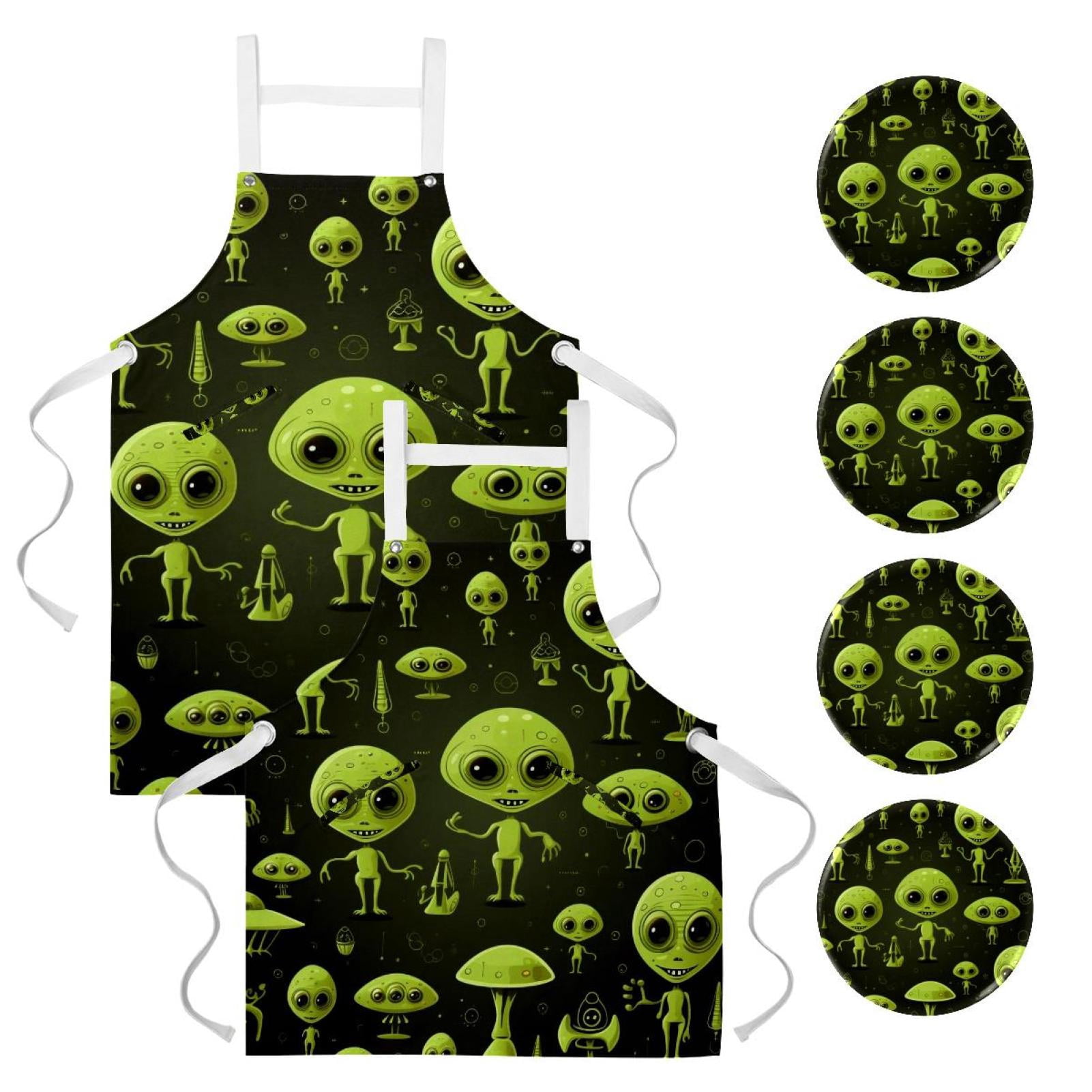Aprons for Women Men Chef With Pockets - 2 Pack Cartoon Green Alien ...