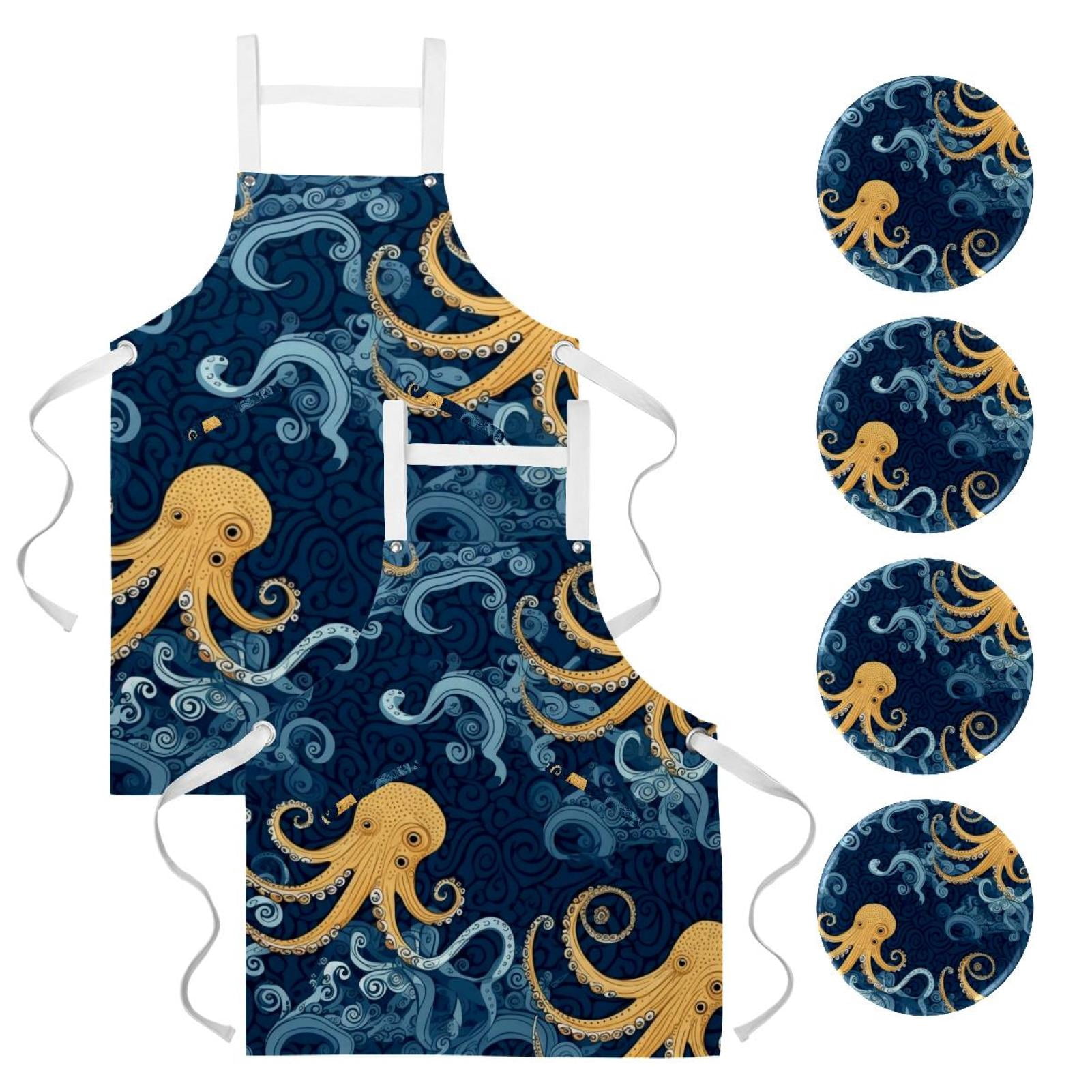 Aprons for Women Men Chef With Pockets - 2 Pack Cartoon Octopus ...