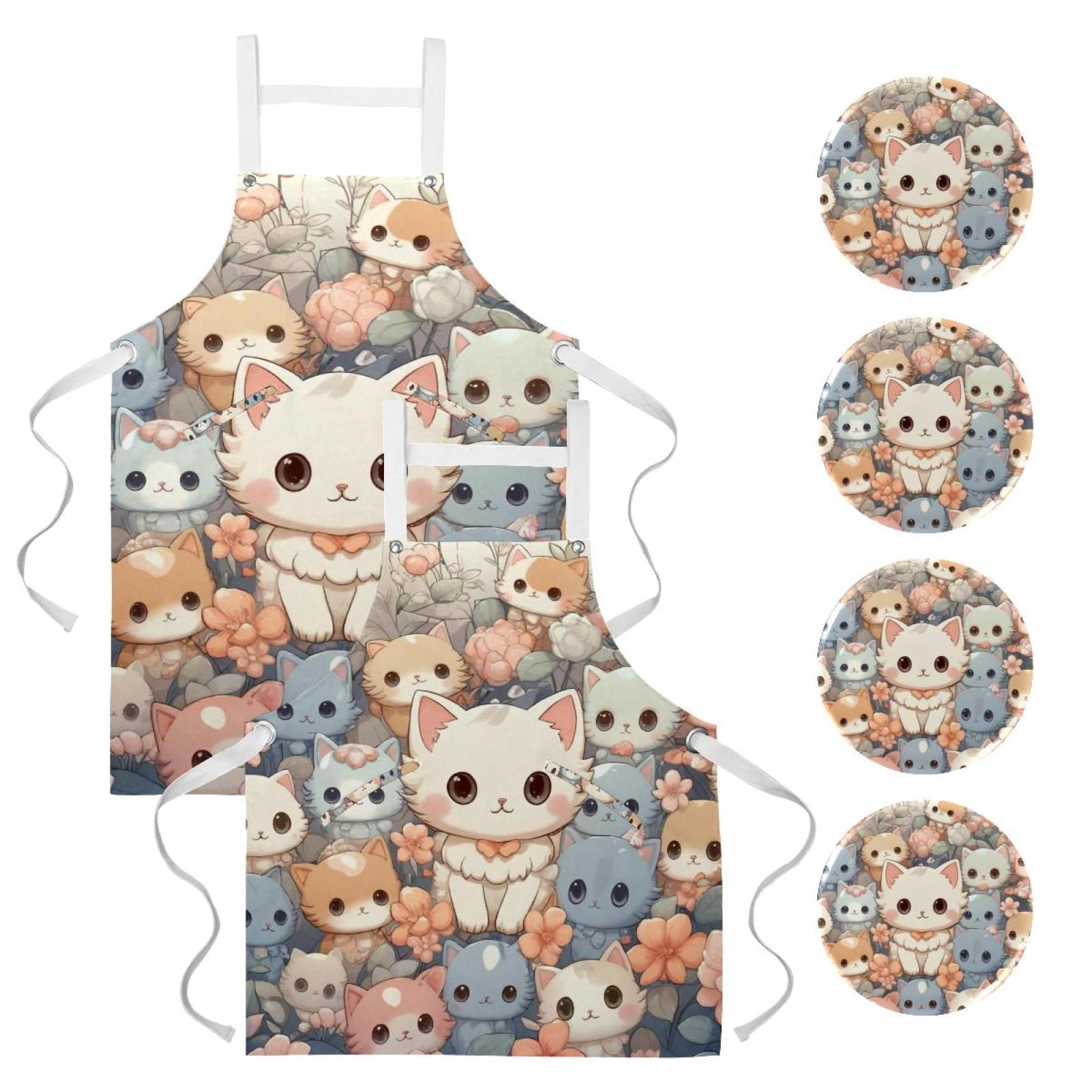 Aprons for Women Men Chef With Pockets - 2 Pack Cute Cartoon Kitten ...
